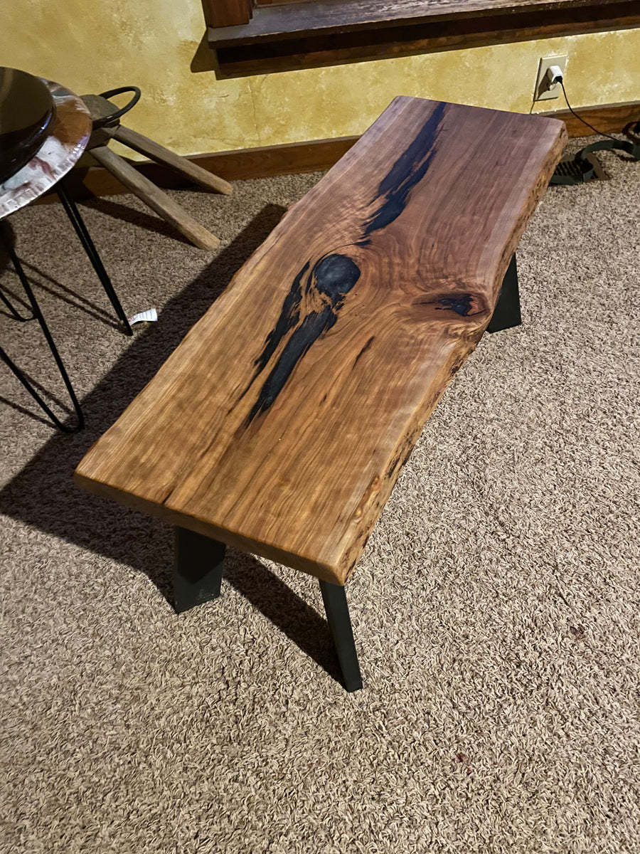 Live Edge Cherry Slab Bench with Copper Accent Knot Hole | Reclaime...